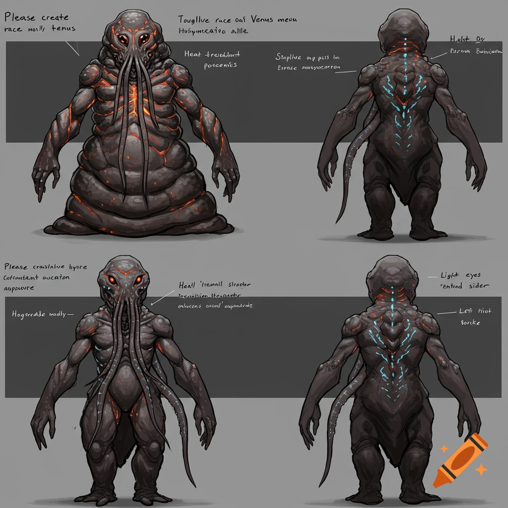 Venusian alien race sketch with blob-like bodies, volcanic rock shells ...