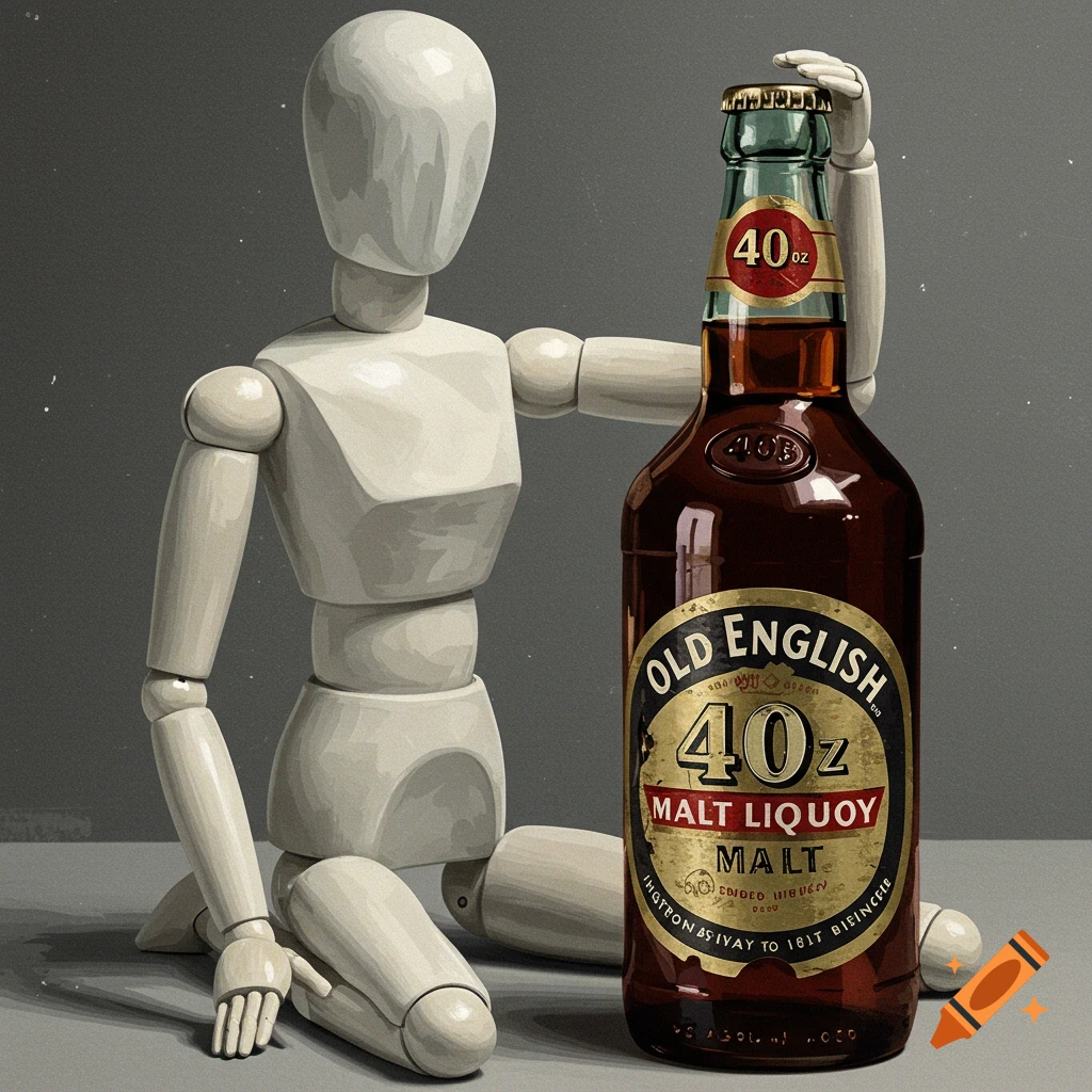 A wooden mannequin sits next to a bottle of Old English 40 oz. on Craiyon