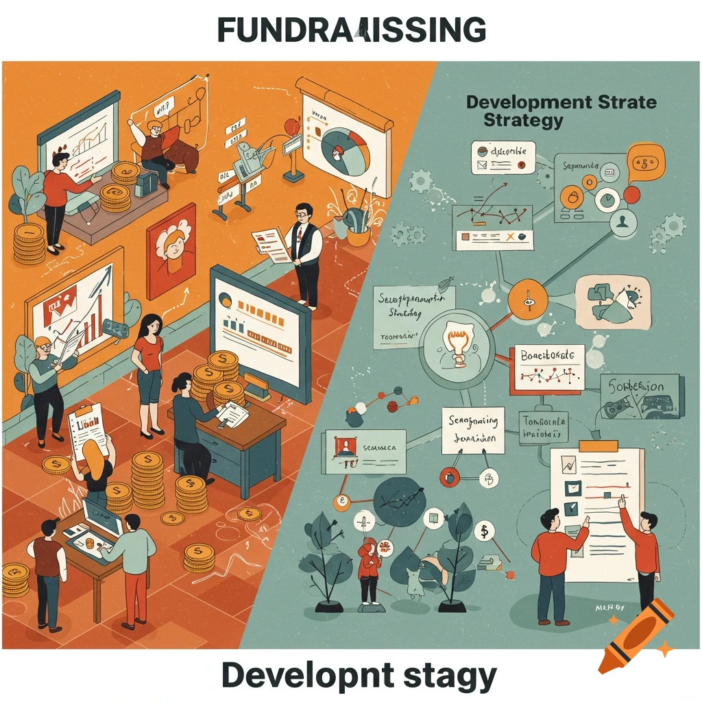 Side-by-side comparison of fundraising vs. development strategy on Craiyon