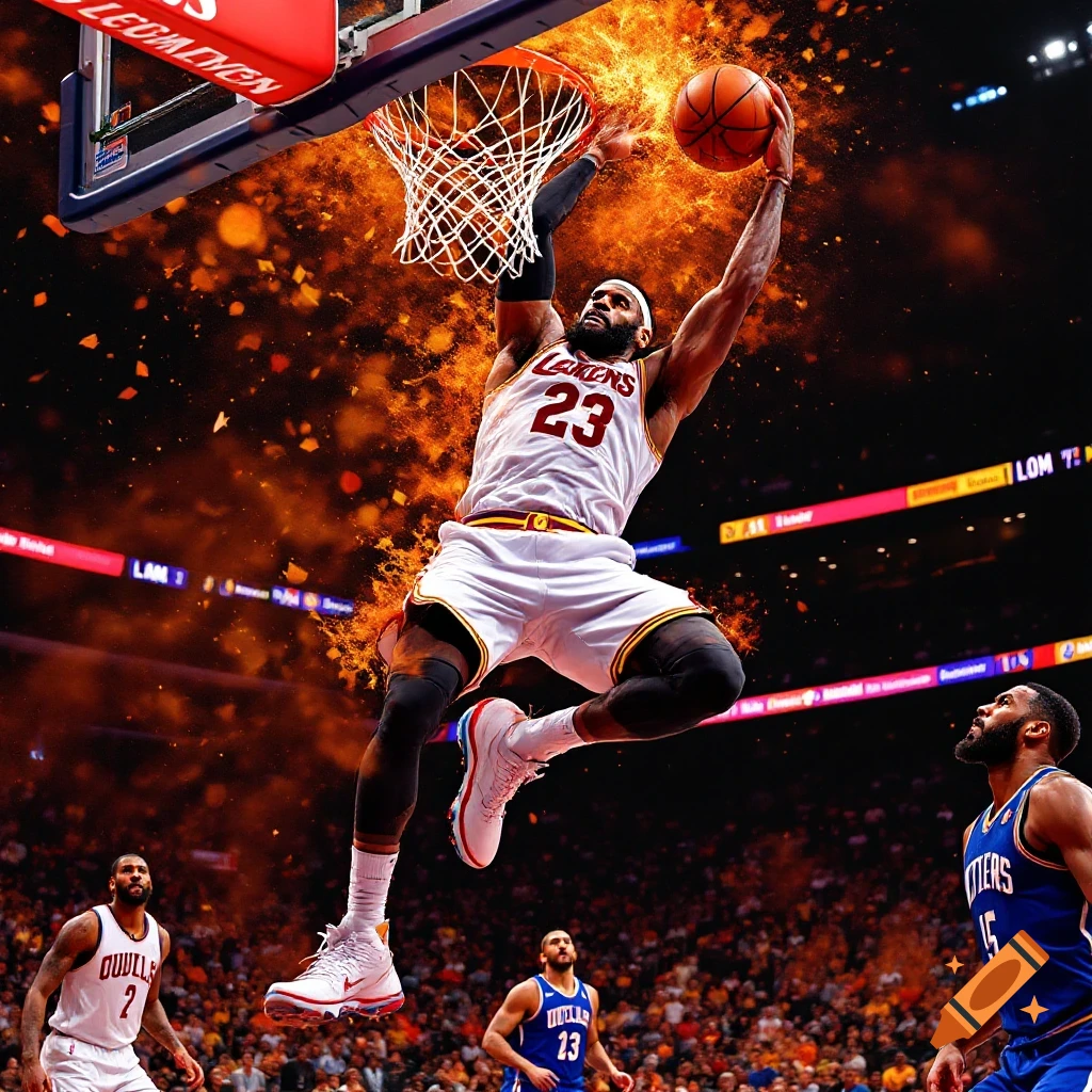 Basketball player Lebron James dunks with fiery effects in a ...