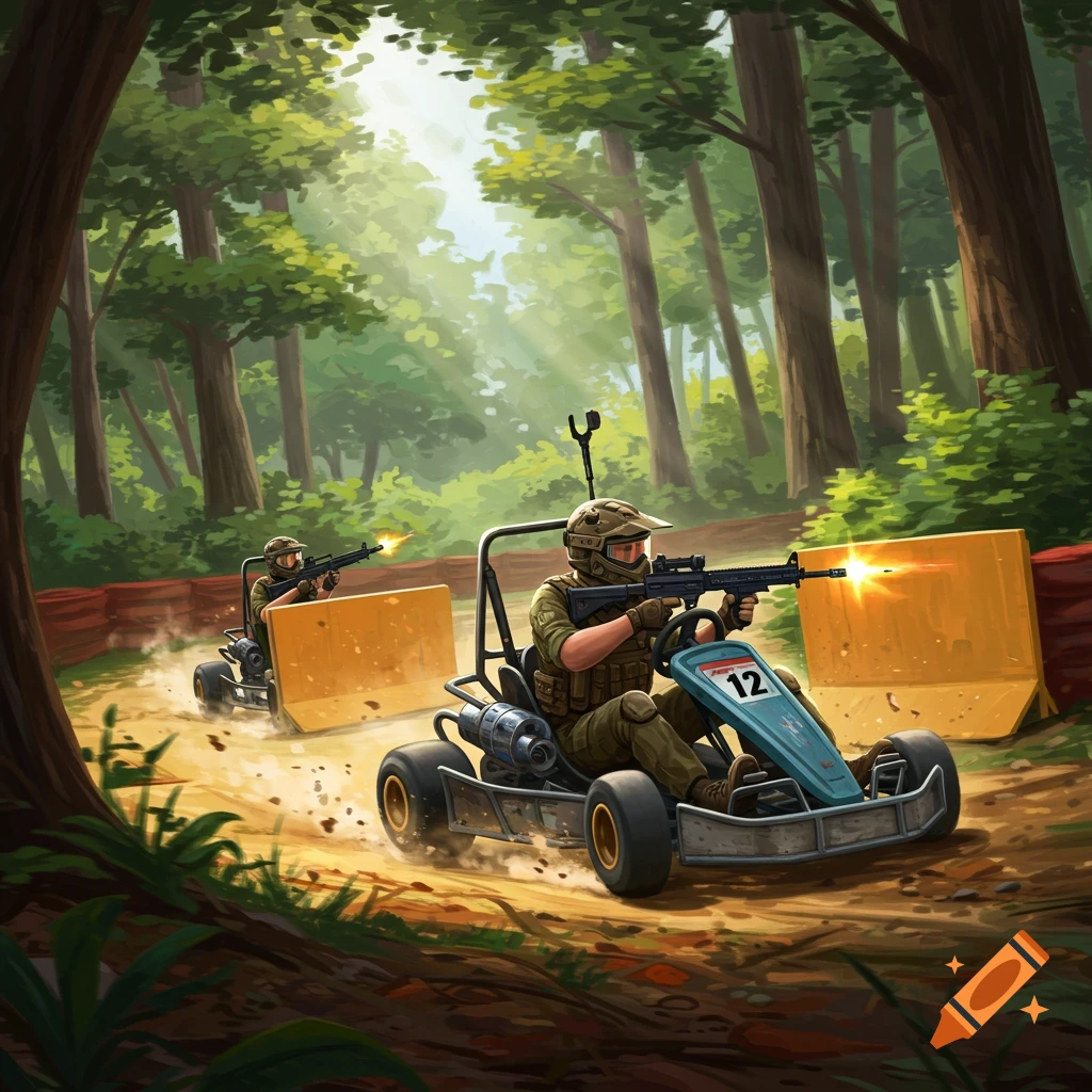 People in military gear racing go-karts and shooting in a forest on Craiyon