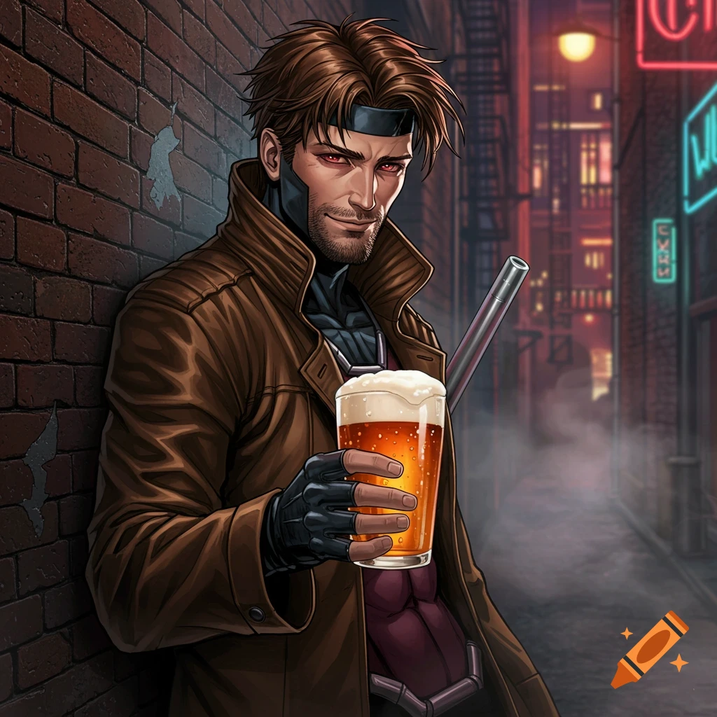 Picture of the X-Men character Gambit holding a glass of beer, leaning ...