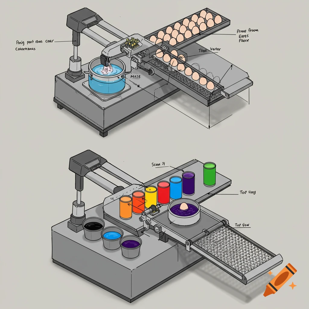 Technical drawings of an egg-coloring machine design on Craiyon