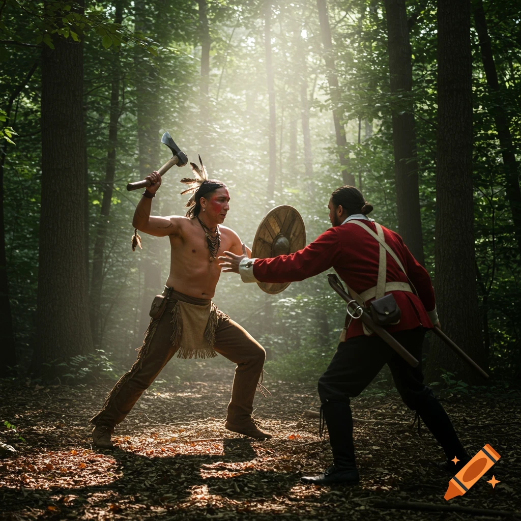 A man dressed as a Native American battles a British soldier with an axe and shield in a sunlit ...