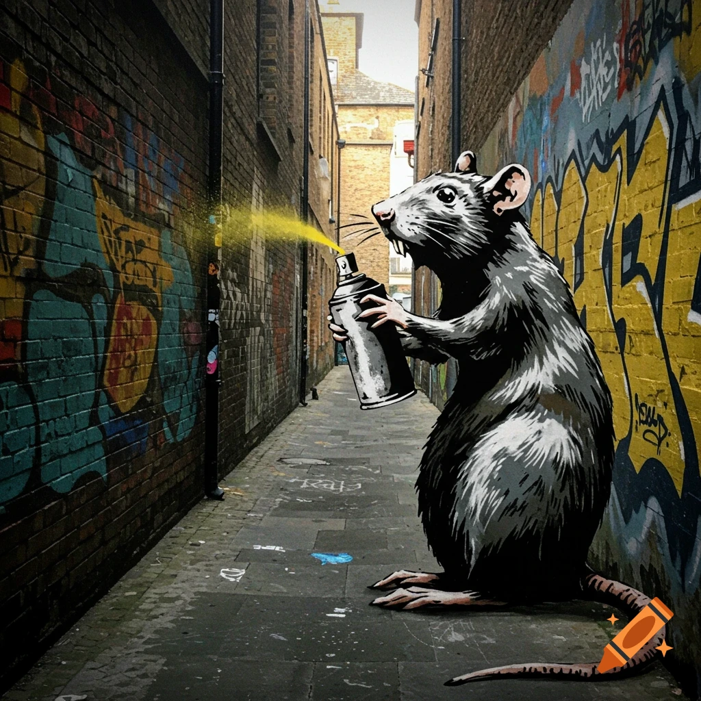 A large rat spraying yellow graffiti on a brick wall in an alley, in ...
