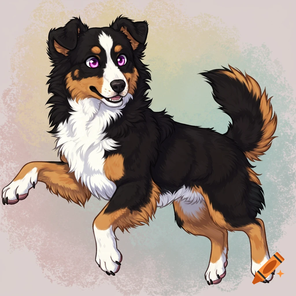 A tri-color Australian Shepherd dog with purple eyes is lifting one paw ...