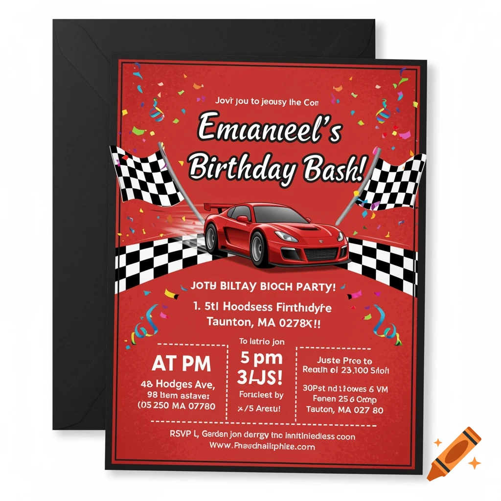 Race car themed 5th birthday invitation for Emmanuel on Craiyon