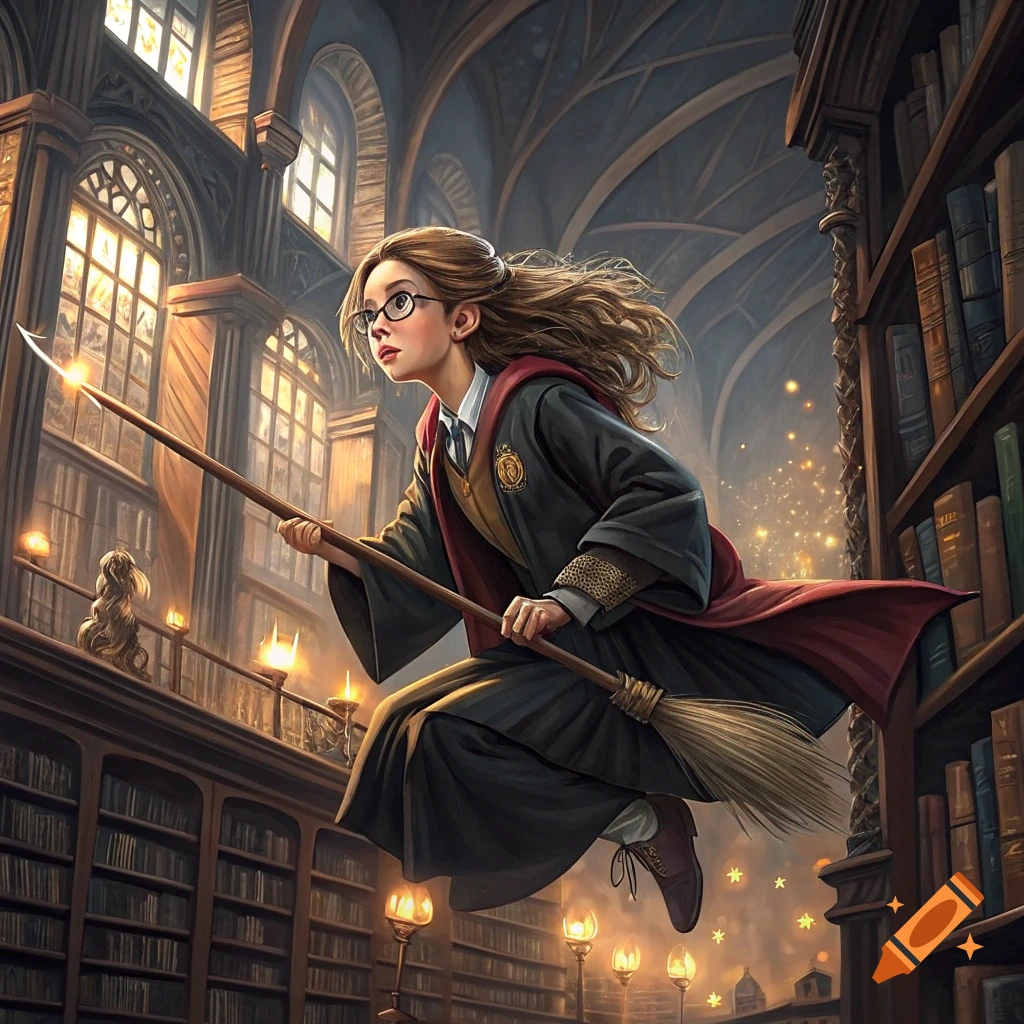 Hermione Granger riding Harry Potter in Hogwarts library on Craiyon