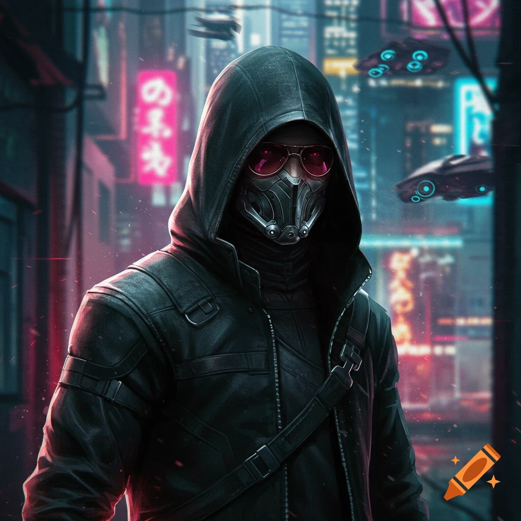 Hooded cyberpunk shadow assassin in black on Craiyon