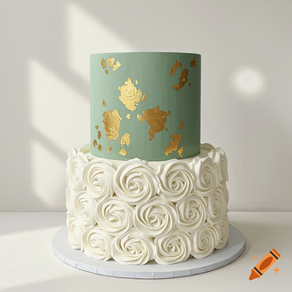 Two-tier cake with sage fondant, gold leaf, and white rosettes on Craiyon
