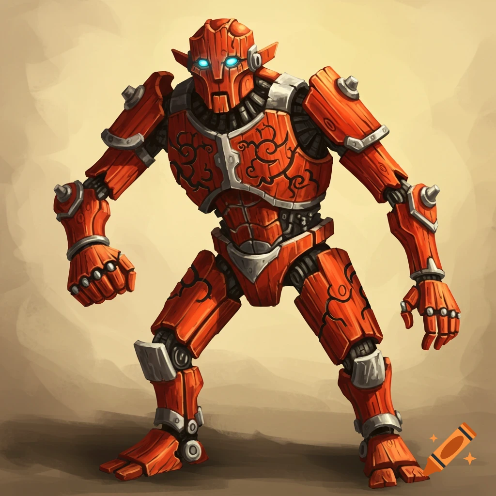 Red wooden and metal warforged with blue eyes and black tattoos on Craiyon