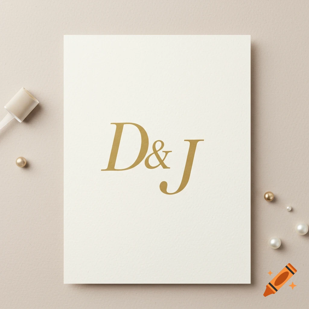 Close-up of a cream card with a gold D&J monogram, pearls, and a small ...