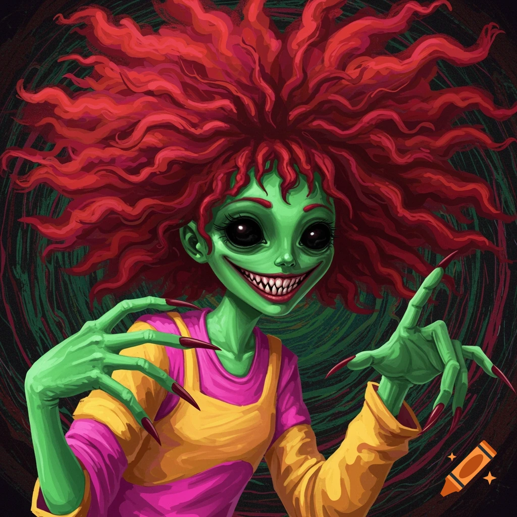 A green-skinned creature with wild red hair, sharp teeth, and claws ...