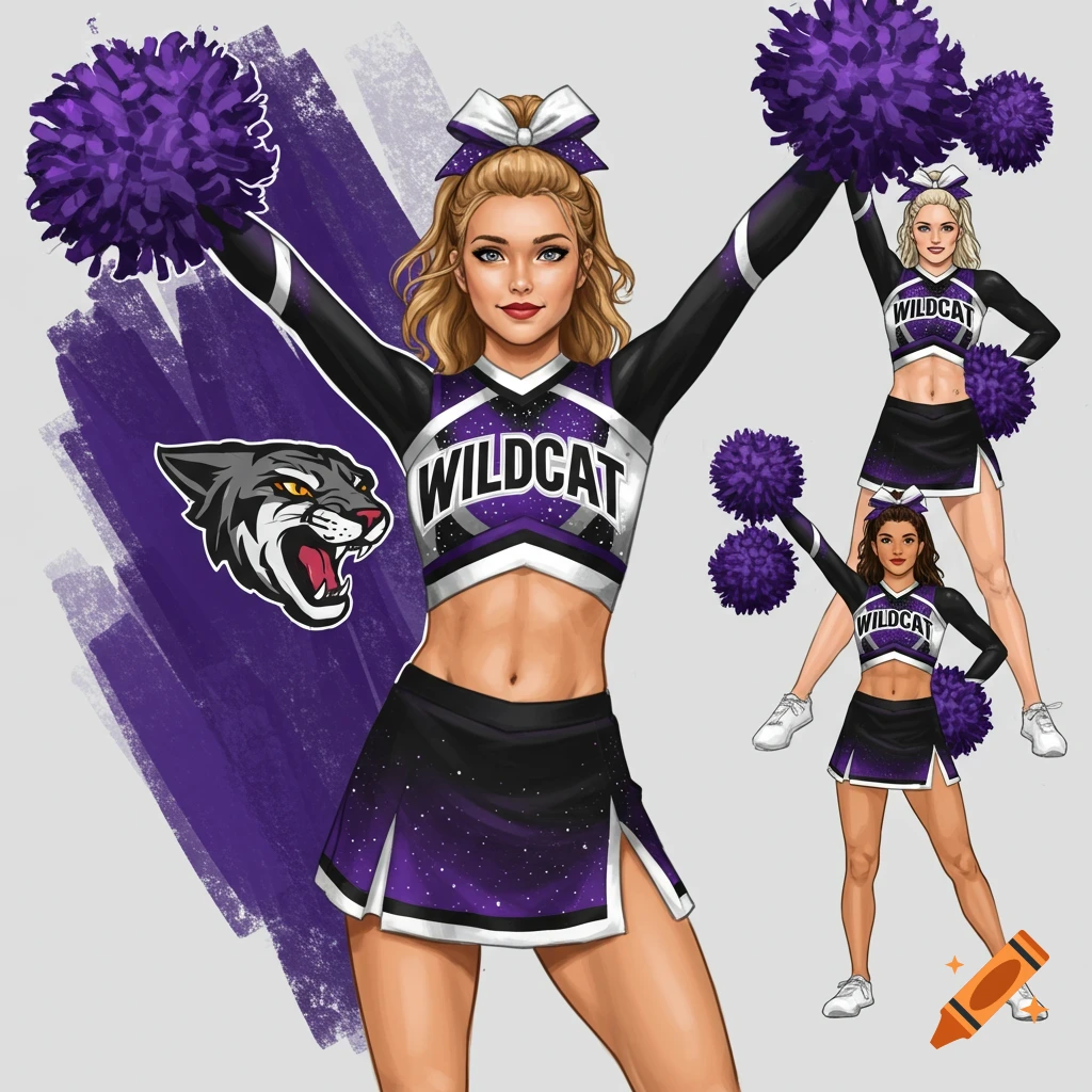 Wildcat all-star cheer team uniform mock-up in purple, black, and white on Craiyon