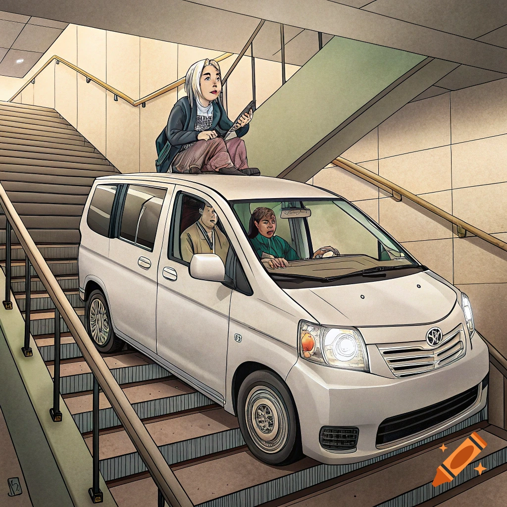 Billie Eilish driving a white Toyota minivan down stairs indoors on Craiyon
