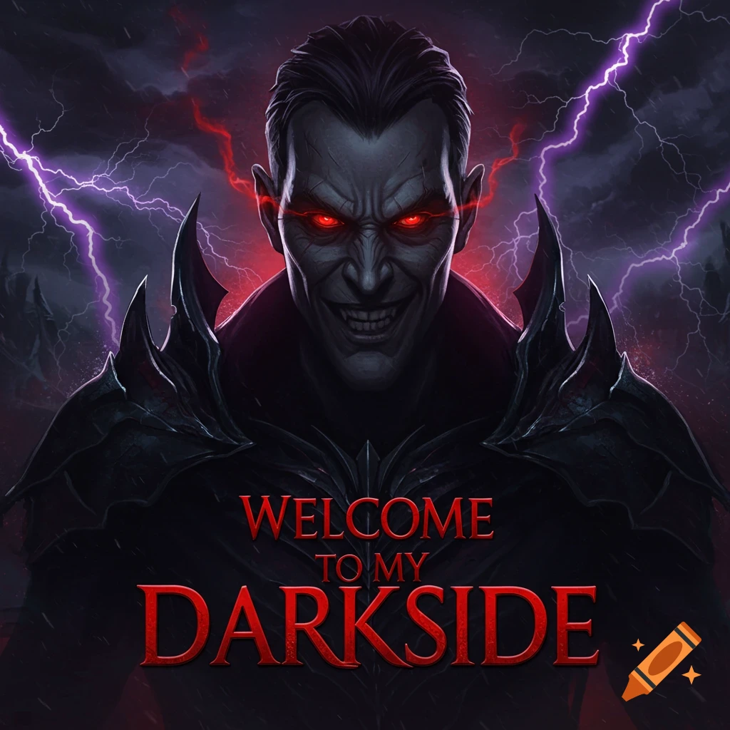 A villain with red eyes, armor, and sharp teeth is shown against a stormy sky. Text in the image ...