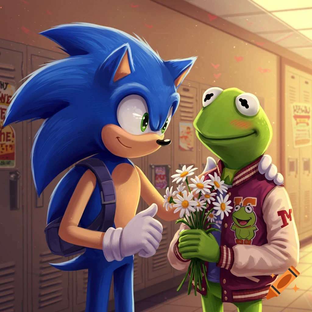 Sonic the Hedgehog and Kermit the Frog in high school on Craiyon