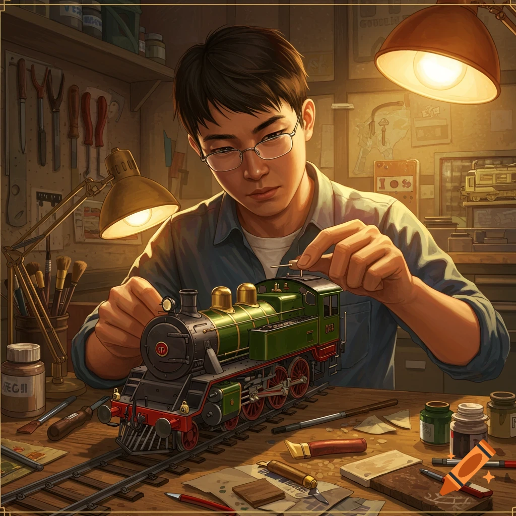 A person in a workshop builds a model train. on Craiyon