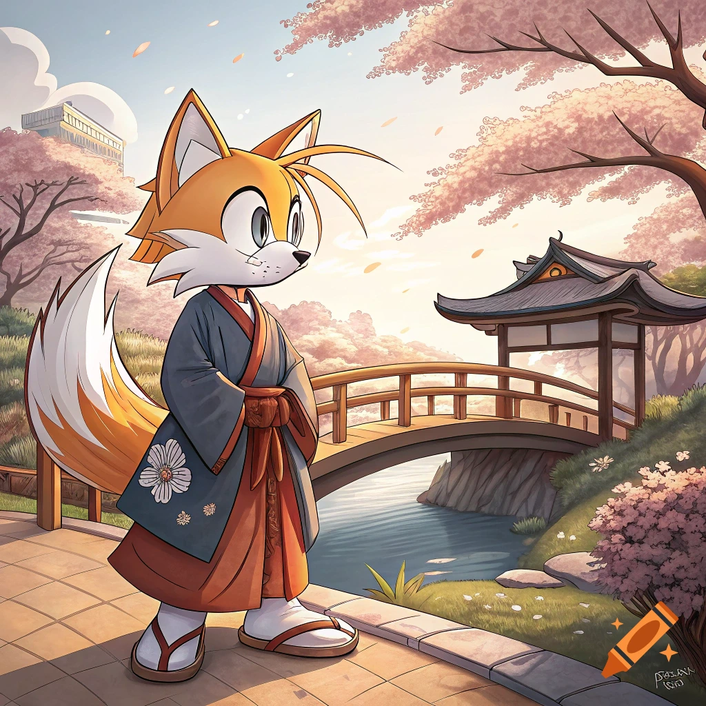 Tails from Sonic the Hedgehog, wearing goggles, intently working on ...