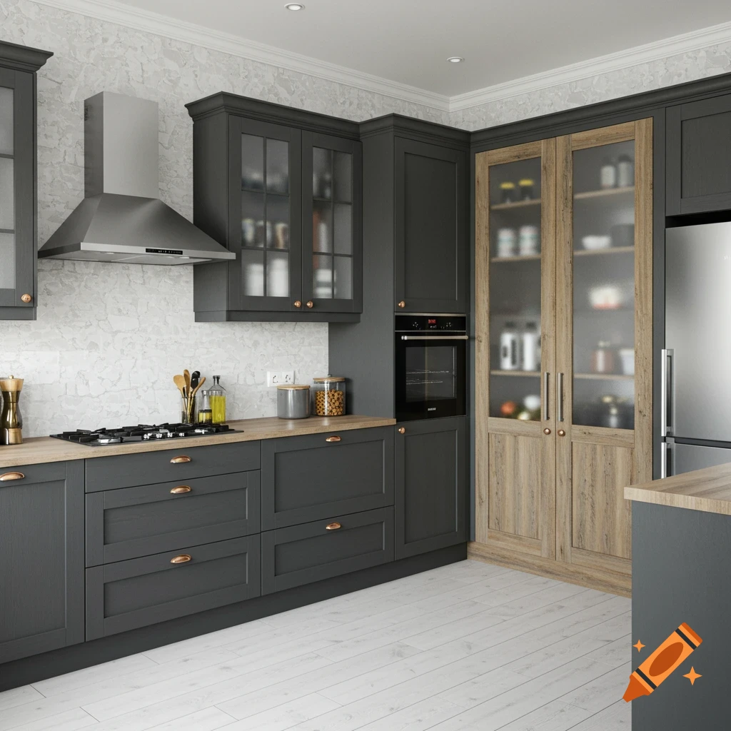 A modern kitchen with medium brown wood cabinets, gold pulls, white countertops, and a stainless ...