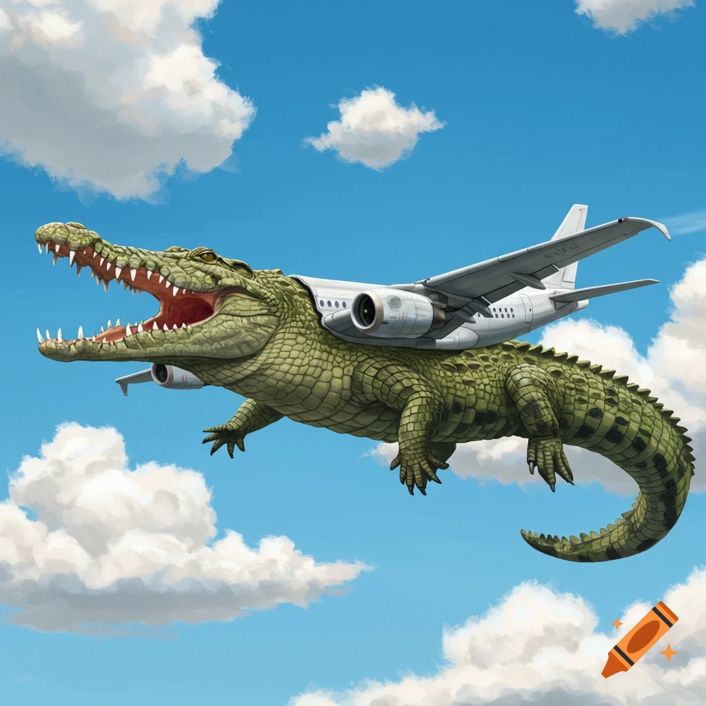 A crocodile combined with an airplane flying through a cloudy blue sky ...