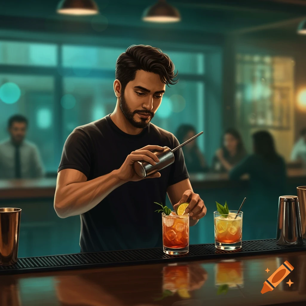 A bartender preparing a drink at a bar. on Craiyon