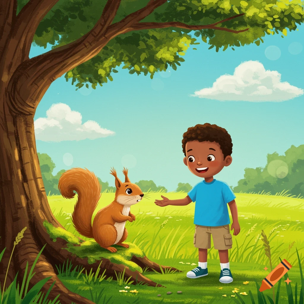 Illustration of a 6-year-old boy next to a worried squirrel on Craiyon