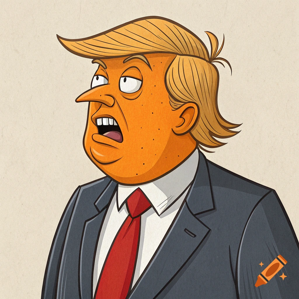 Cartoon portrait of a person resembling Trump with orange skin, suit ...
