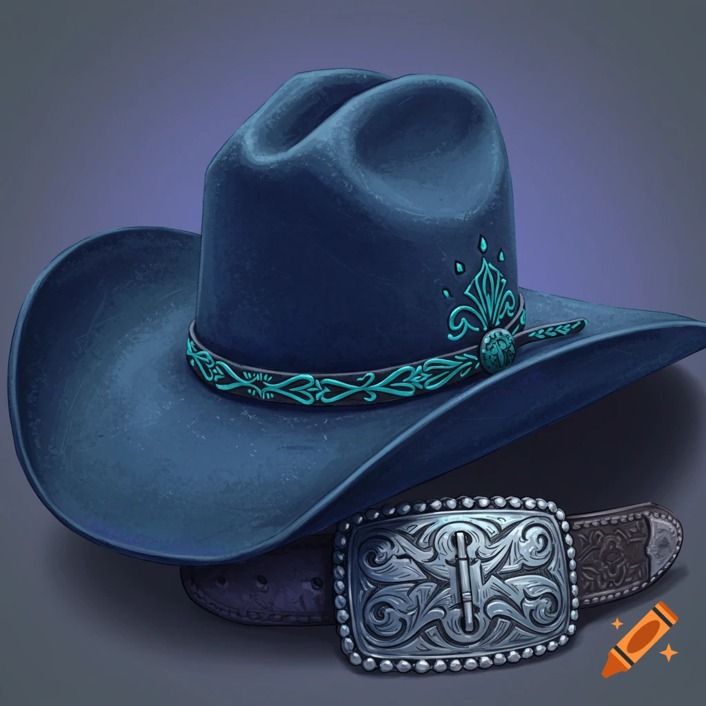 A blue cowboy hat with turquoise designs and a silver belt buckle with ...