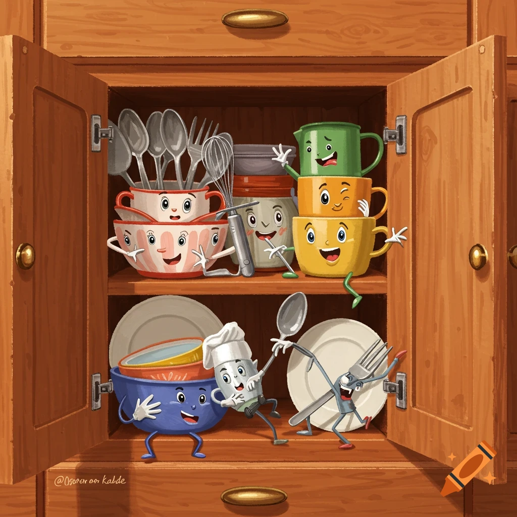 Kitchen cabinet with anthropomorphic items when no one is watching on ...