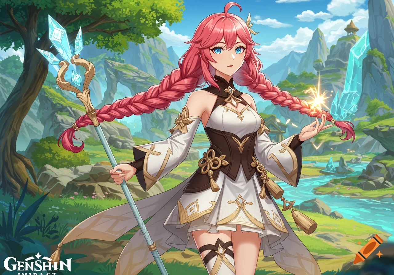 Anime woman with pink braided hair holds a crystal staff in a fantasy ...