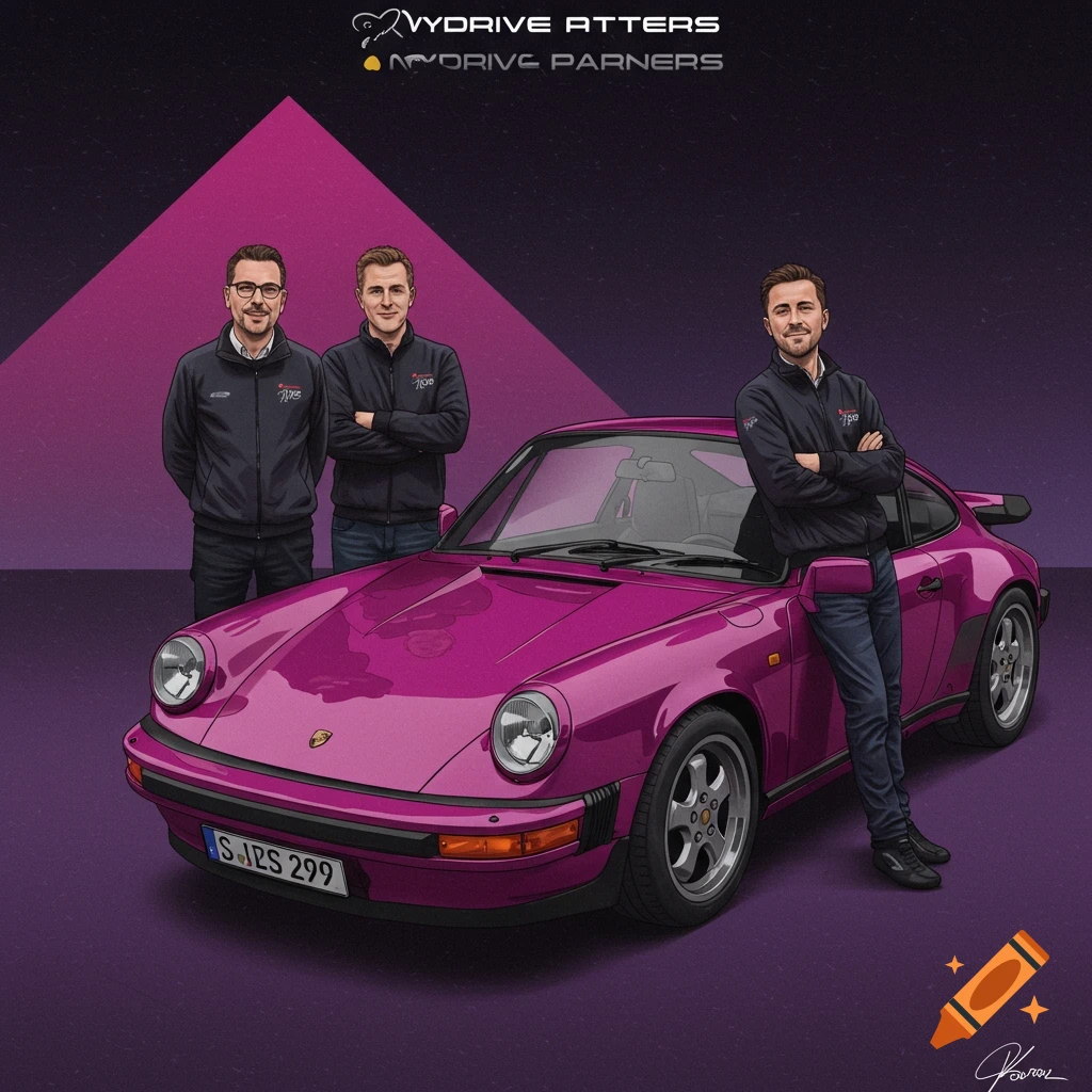 Three men around a magenta 1980s Porsche 911 Turbo with an 80s vibe on ...