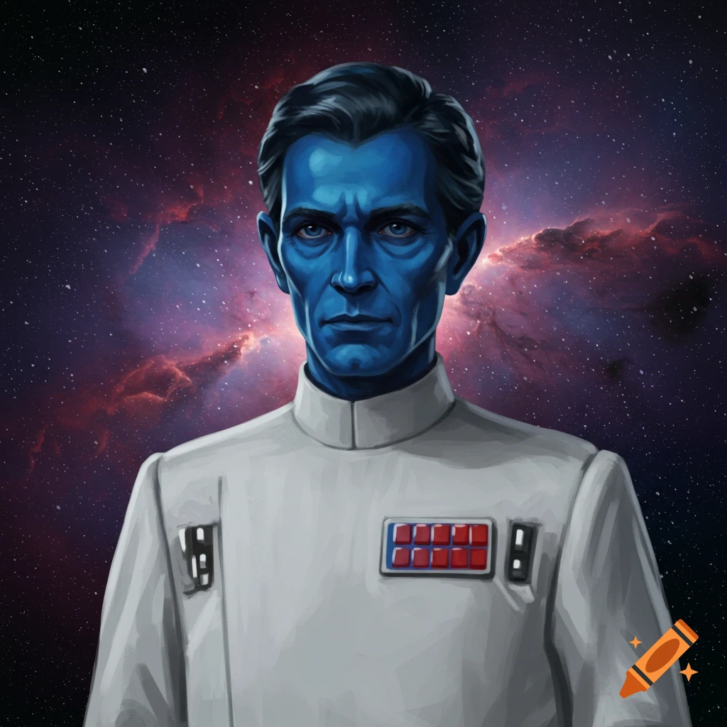 A blue-skinned man stands in a white military uniform against a ...