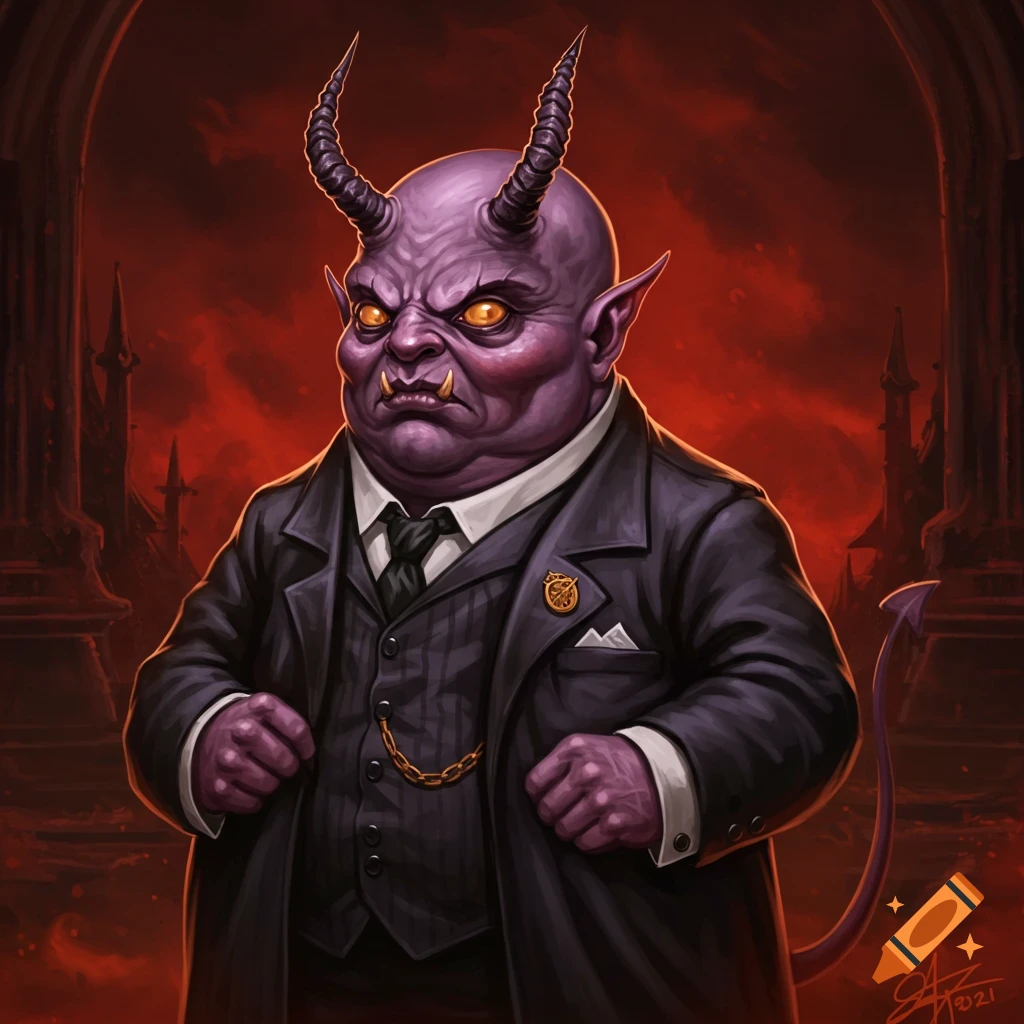 Realistic picture of a short, purple, fat devil with a flea head ...