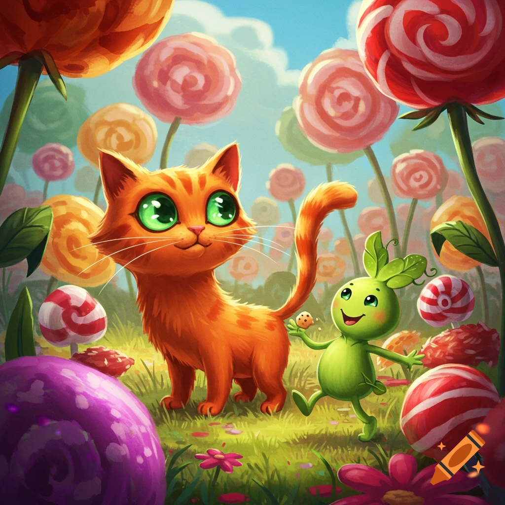 Cartoon orange cat and green creature in a colorful candy land ...