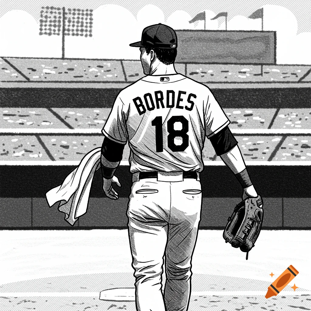 Black and white illustration of baseball player with BORDES on jersey ...