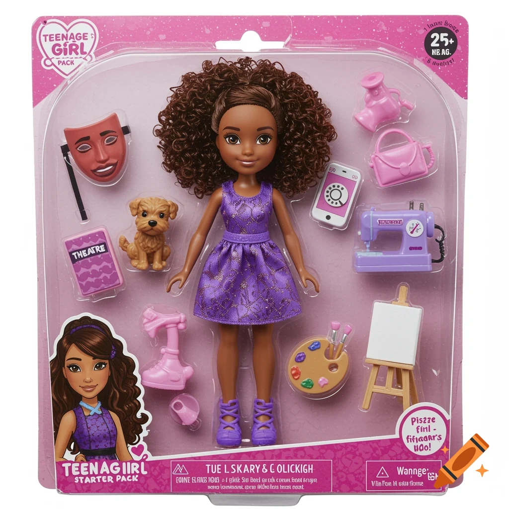 Doll action figure in pink "Teenage Girl Starter Pack" with dress ...