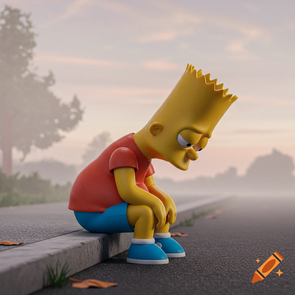 3D render of Bart Simpson with big eyes in a purple misty background ...