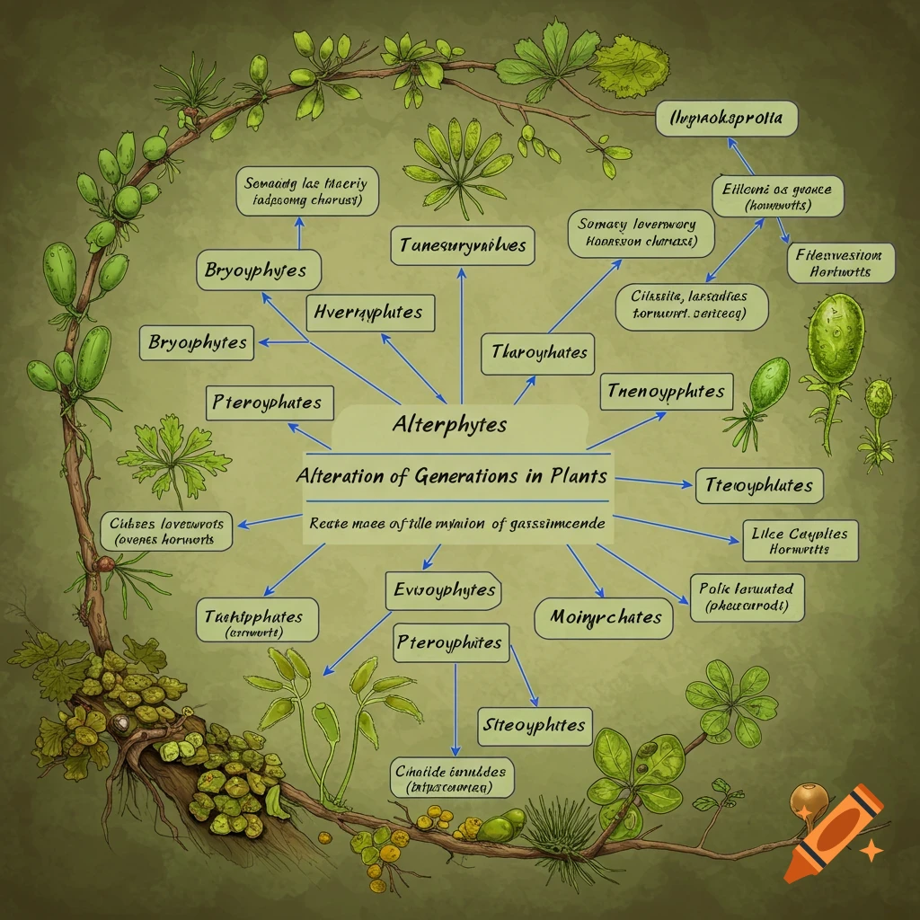 Mind map illustrating alternation of generations in plant phyla on Craiyon