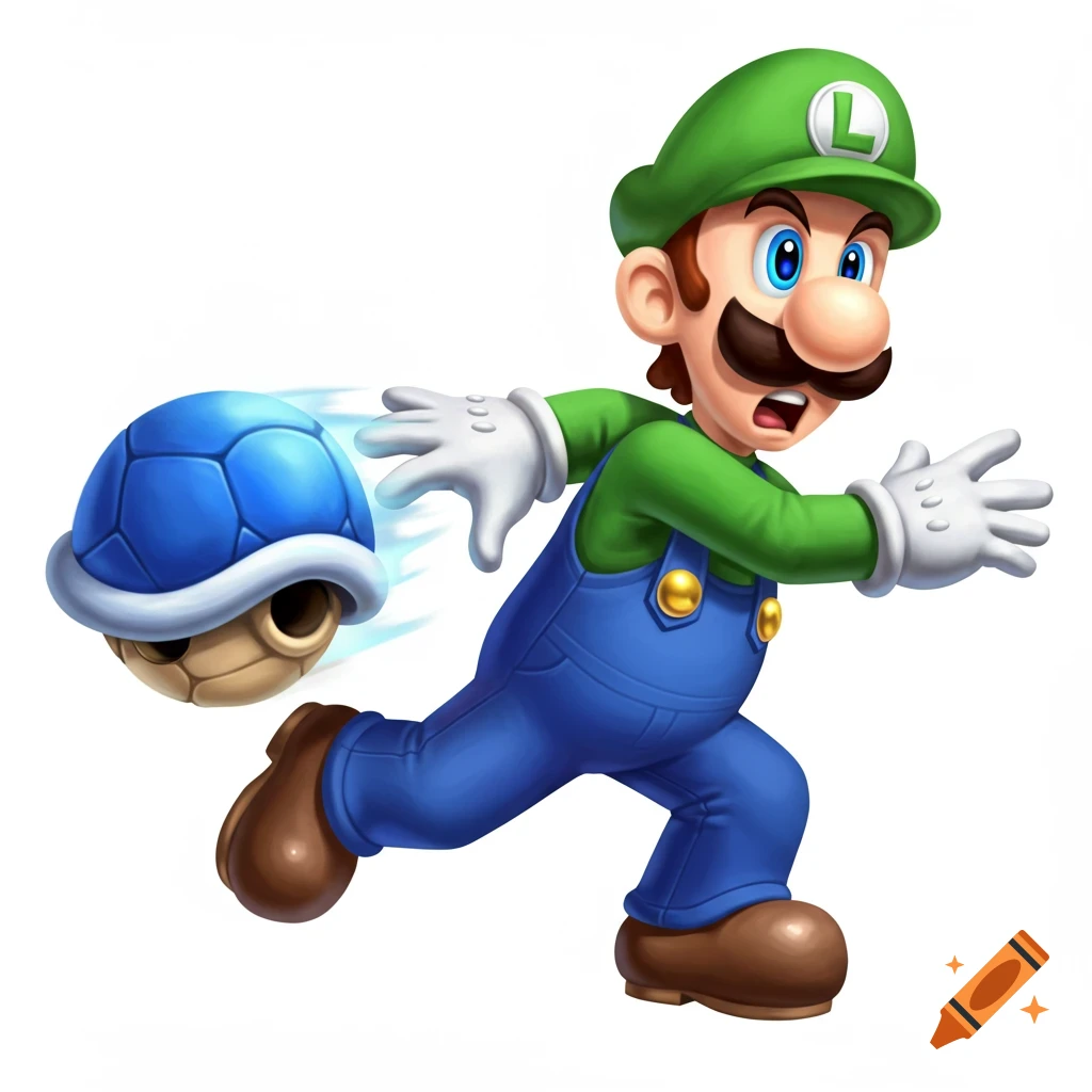Luigi running and throwing a blue shell. on Craiyon