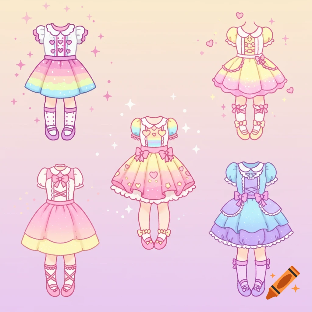 Five cute pastel illustrations of rainbow and colorful dresses with ...
