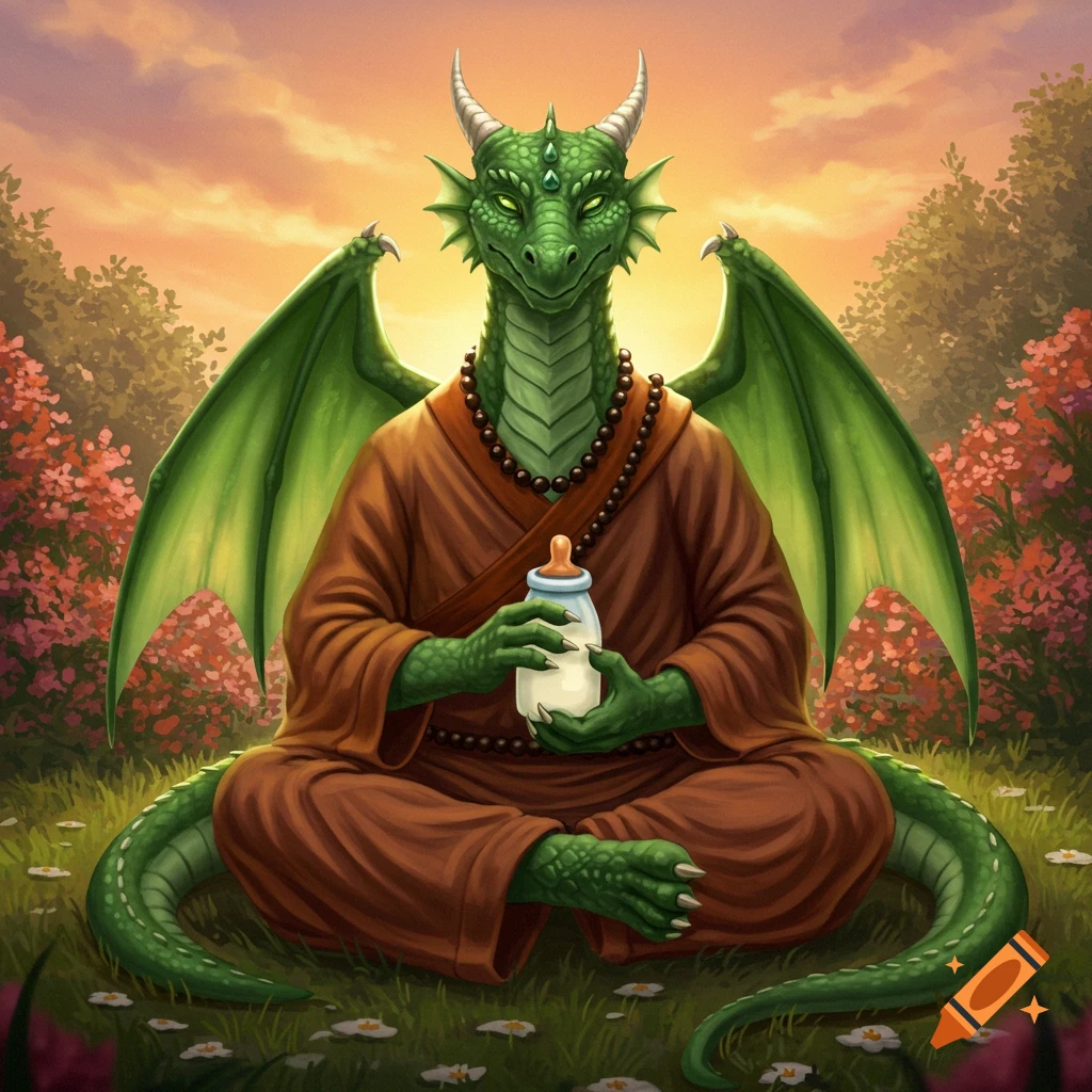Emerald green dragon in monk's robes sitting in a garden, holding milk ...