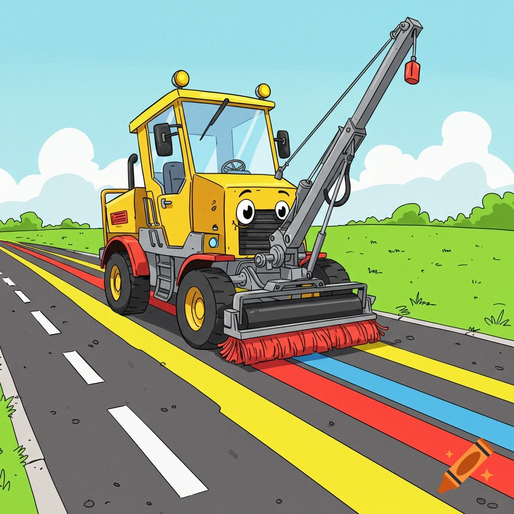 A cartoon yellow line striping machine with a face painting colorful ...