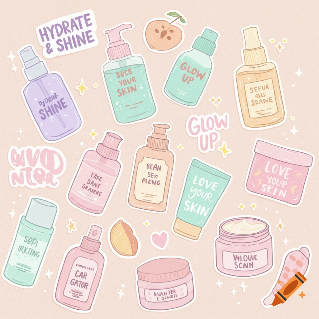 Skincare bottles and jars with inspirational pastel stickers on Craiyon
