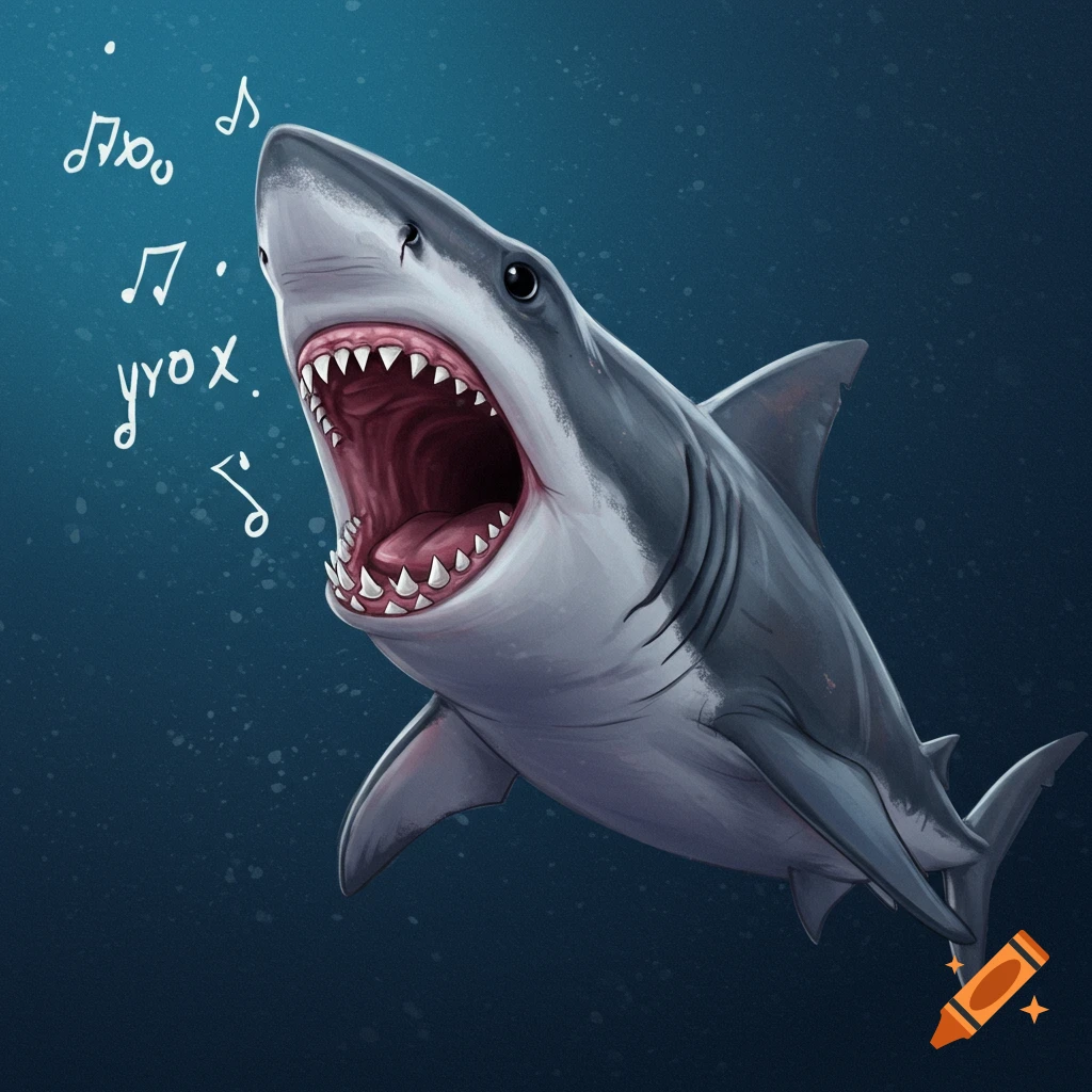 Cartoon of a shark with its mouth open, singing musical notes. on Craiyon