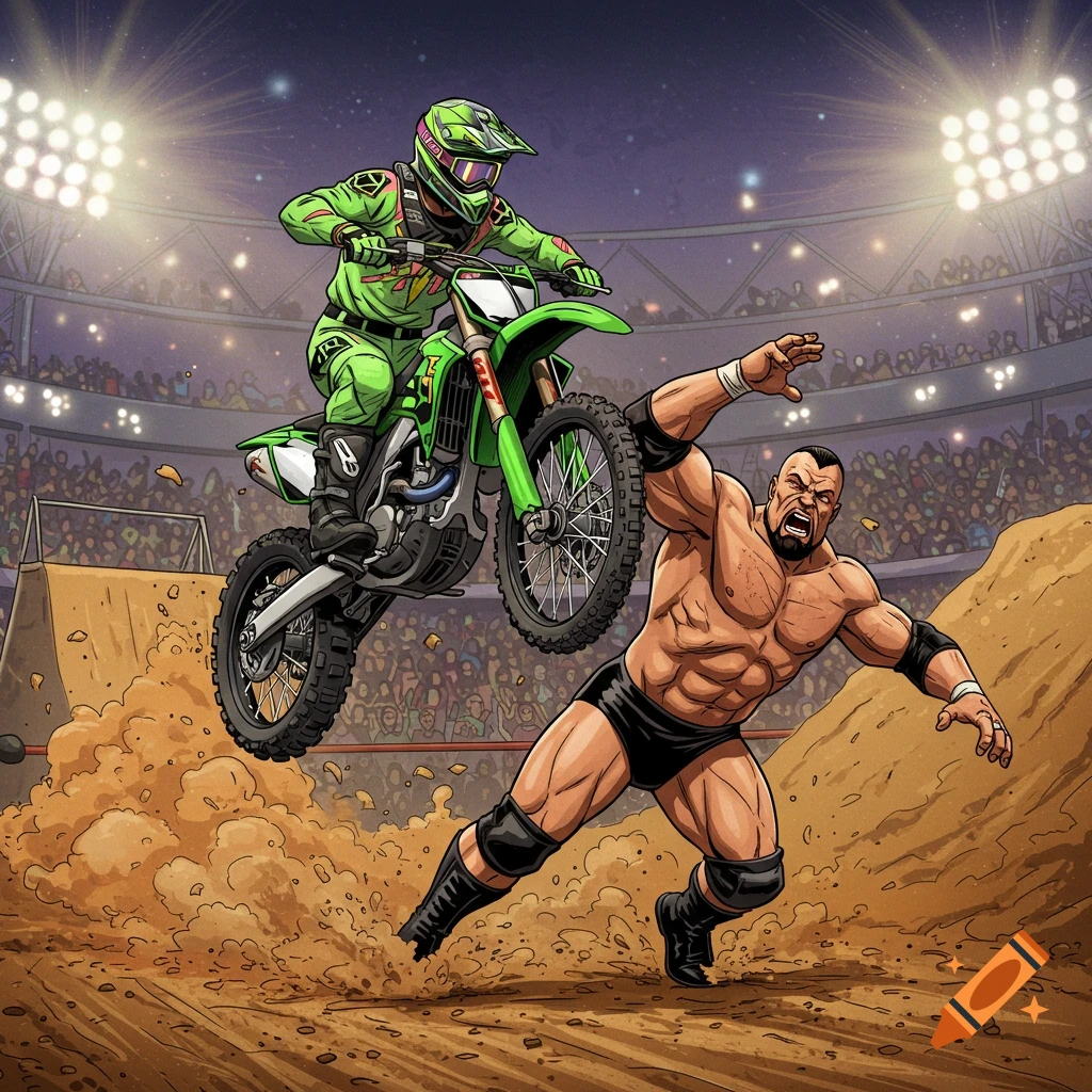 An illustration of a motocross rider jumping a ramp in a stadium ...