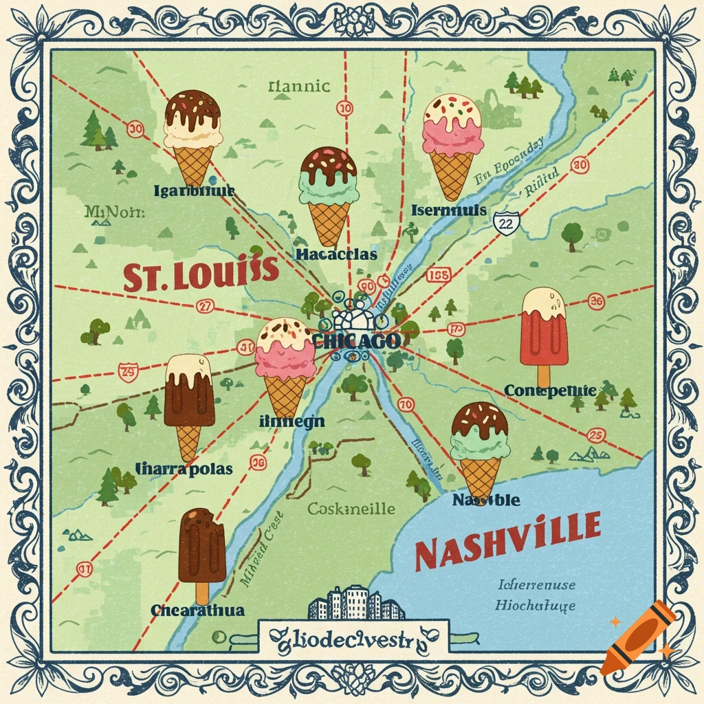 Illustrated map of the Midwest with St. Louis, Chicago, and Nashville ...