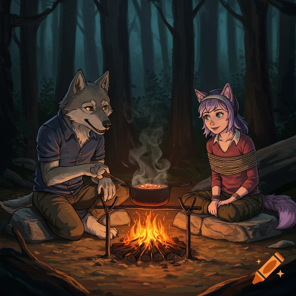 Anthropomorphic wolf and tied-up fox/cat cooking over campfire in ...