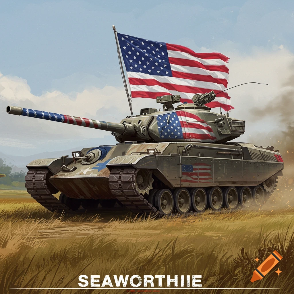 A tank decorated with American flags in a field. on Craiyon