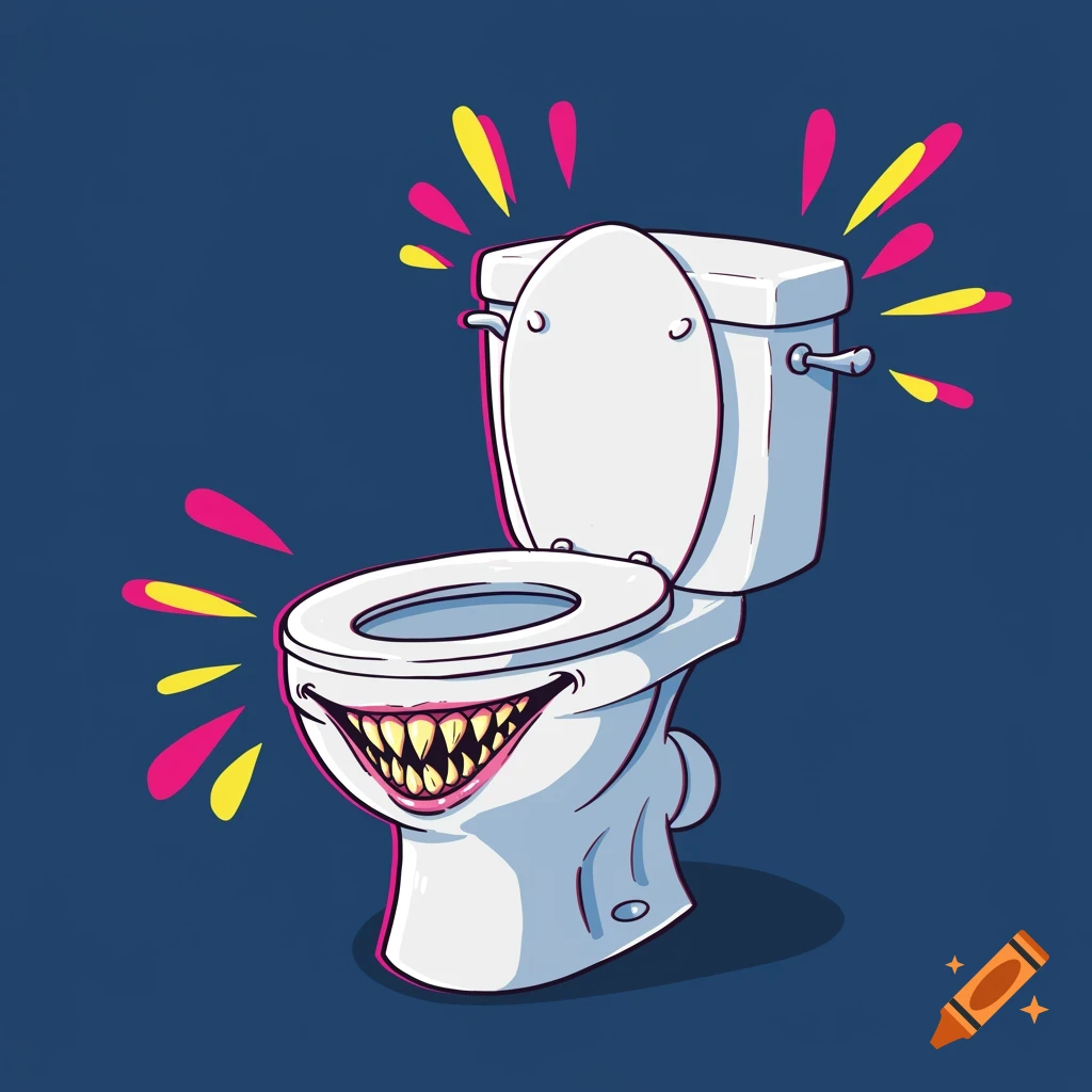 Cartoon toilet character with eyes and arms, smiling against a pink and ...
